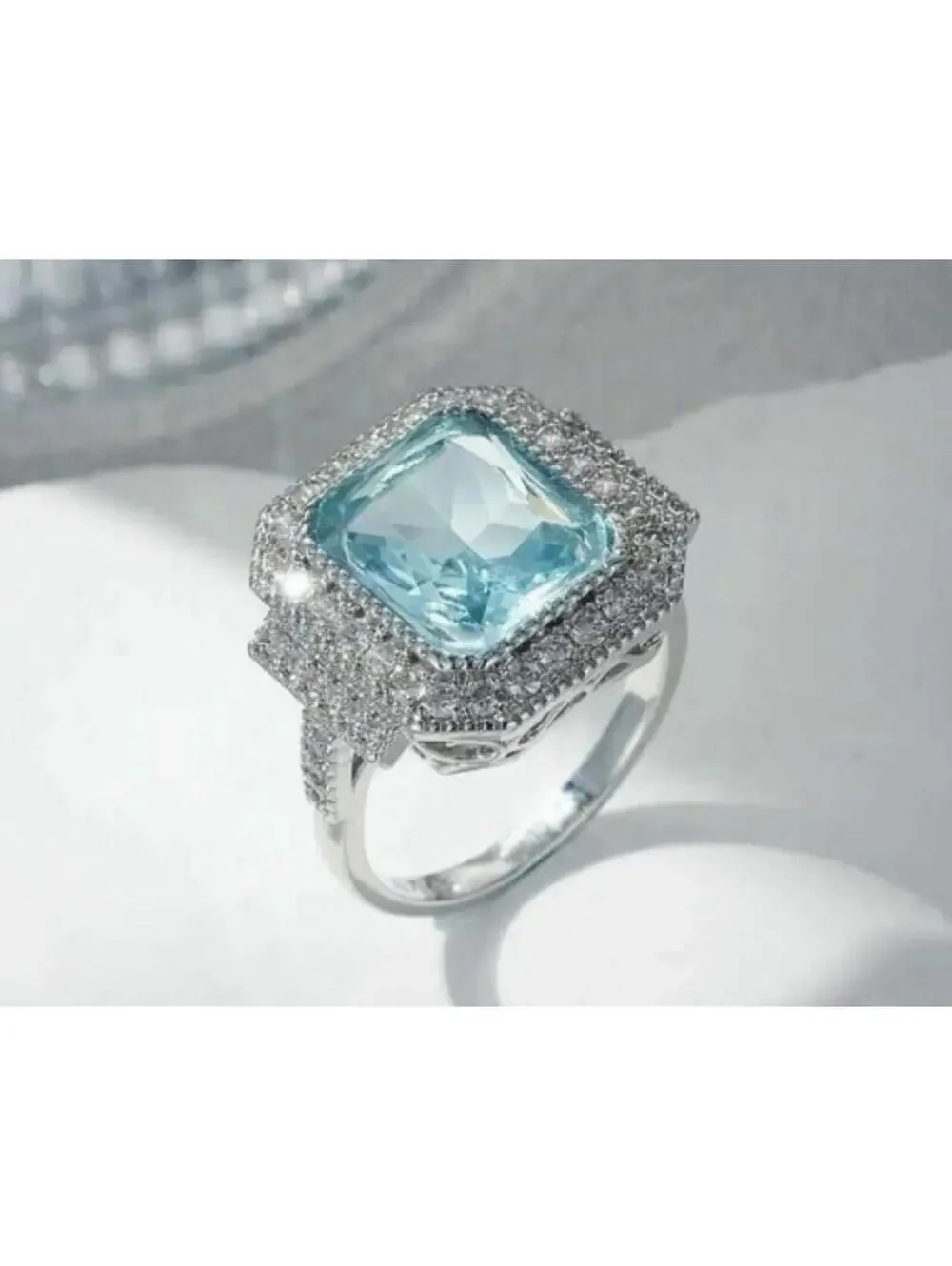 Jewelry | Silvertone Square Blue Cushioncut Crystal Halo Cocktail Ring ...